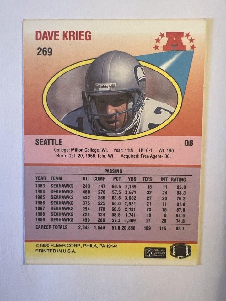 1990 Fleer #269 Dave Krieg Seattle Seahawks Card NM | eBay