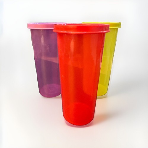 3 plastic Tupperware cups Tumblers, lids, 12 Oz Purple,red & Yellow (A ...