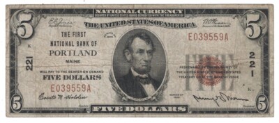 U.S. (Portland, ME) - Series of 1929 $5.00 National Currency Banknote ...