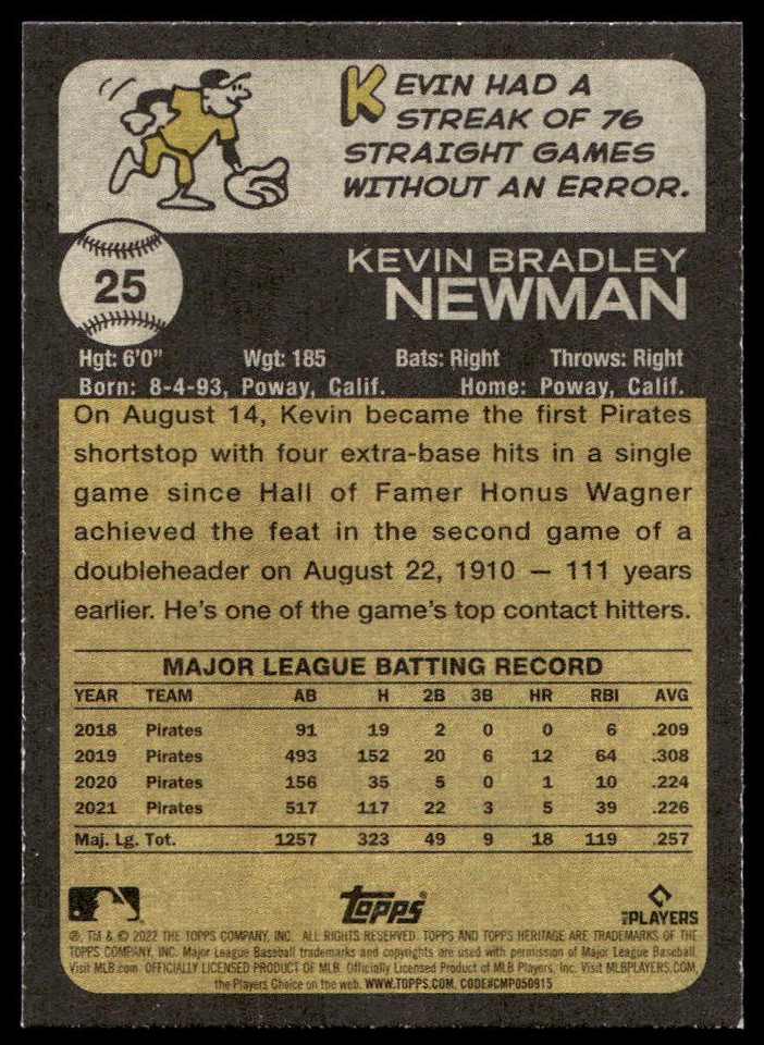 2022 Topps Heritage 25 Kevin Newman Pittsburgh Pirates Baseball Card | eBay