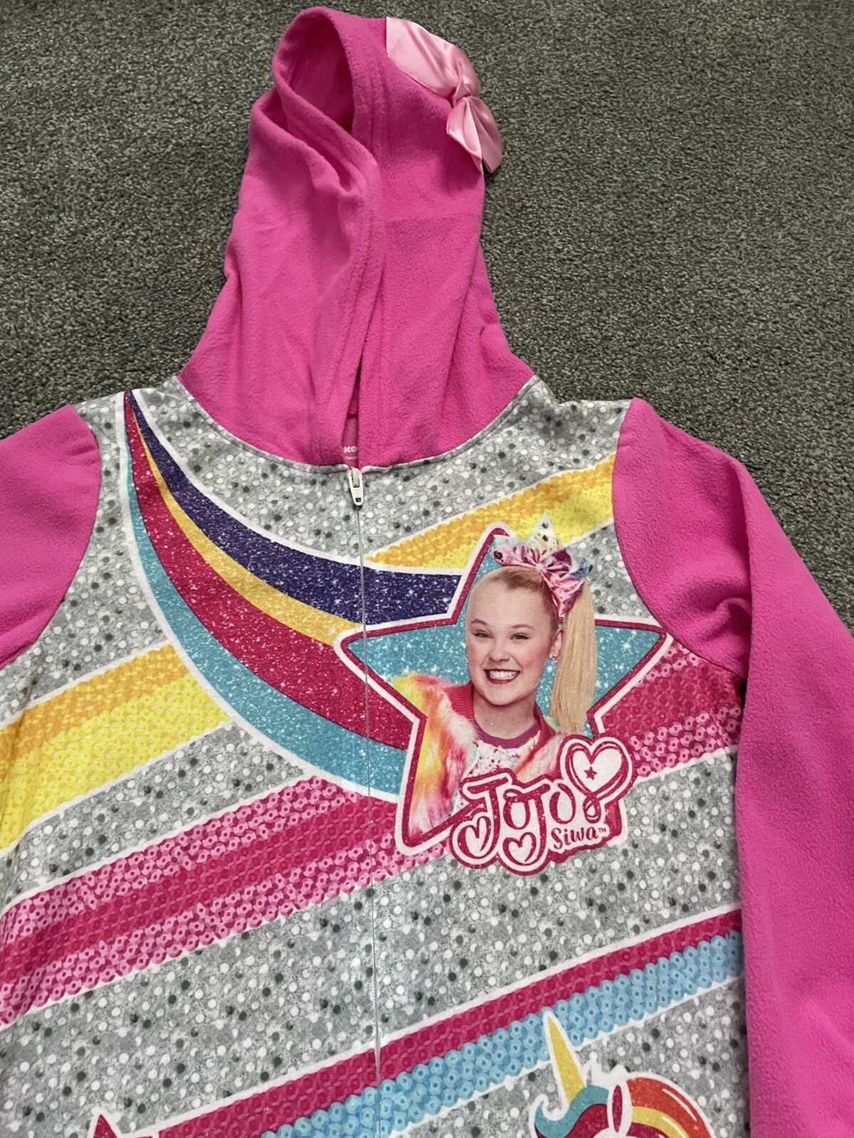 NWT JoJo Siwa Pink Grey Hooded One-Piece Fleece Pajamas Girl Size 6/6X ...