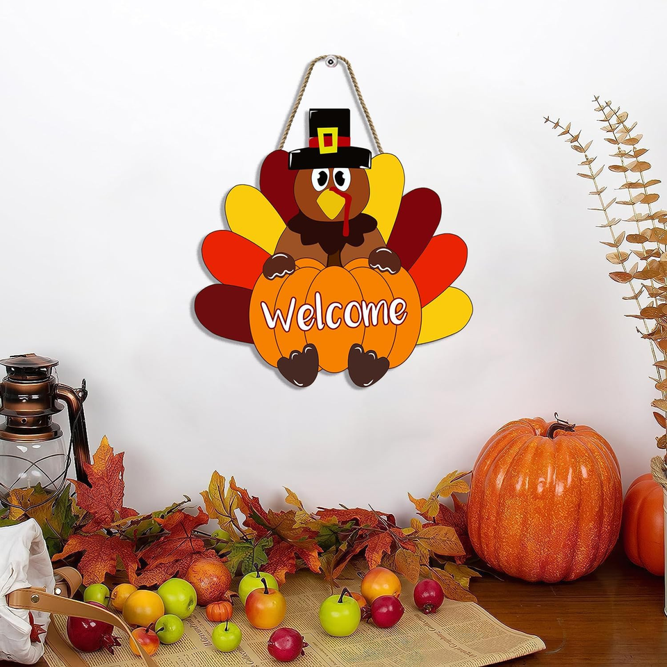 Thanksgiving Turkey Door Sign - Welcome Wreath for Front Door, Wood ...