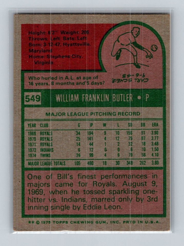1975 Topps #549 Bill Butler Minnesota Twins Baseball Card | eBay