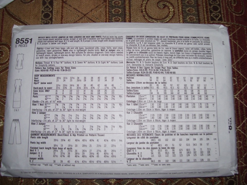 🌸 SIMPLICITY #8551 - LADIES TWO LENGTH JUMPER-ANKLE PANTS-TUNIC PATTERN ...