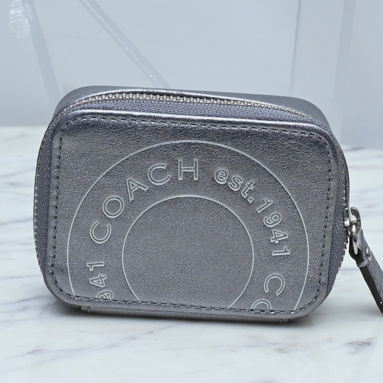 Coach Metallic Leather Travel Pill Box Case Zipper Rectangle 3 Pill Bottles
