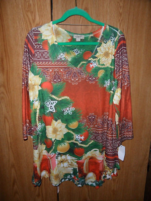 ONE WORLD CHRISTMAS PRINT 3/4 SLEEVE TUNIC TOP 1X NWT | eBay