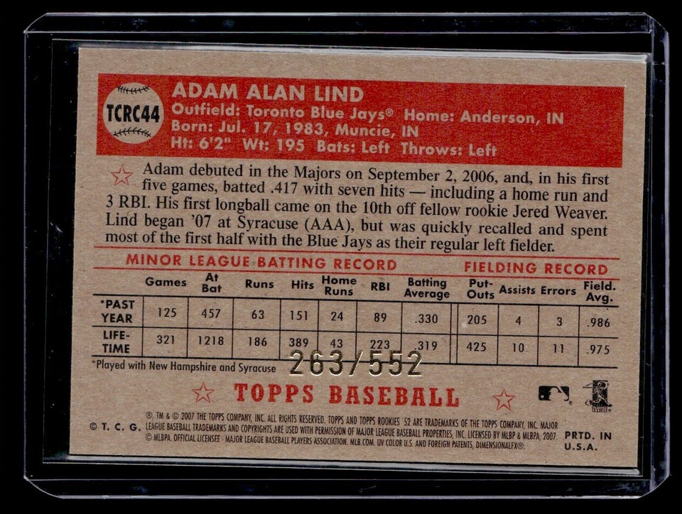 2007 Topps Rookie 1952 Edition Chrome Refractor Adam Lind RC 263/552 ...