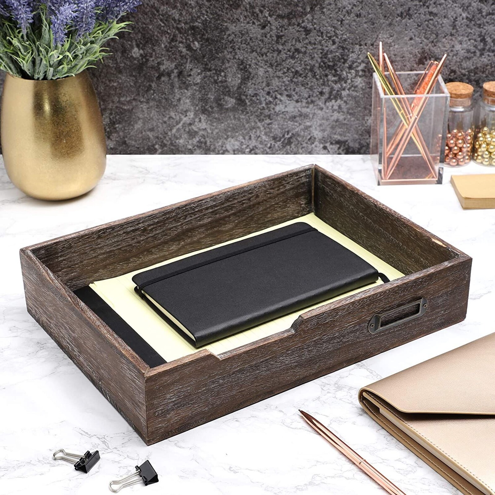Rustic Wood Stackable Paper Tray Office Desktop Holder Organizer for ...