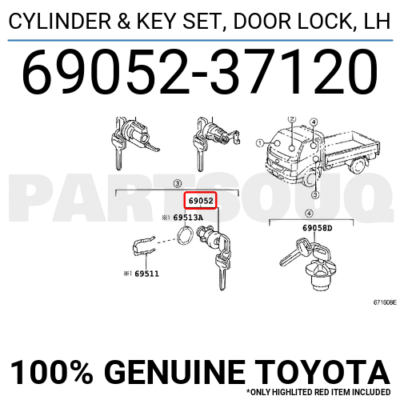 6905237120 Genuine Toyota CYLINDER & KEY SET, DOOR LOCK, LH 69052-37120 ...