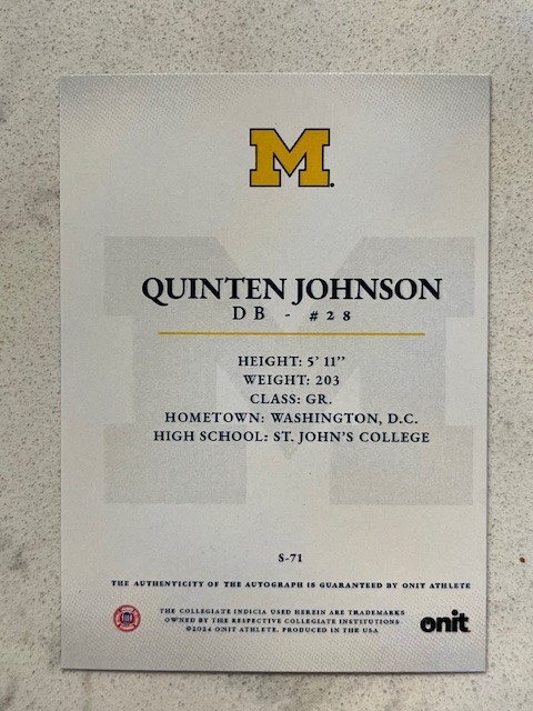 QUINTEN JOHNSON 2024 ONIT Michigan Football On Card AUTO # 14/50 ...