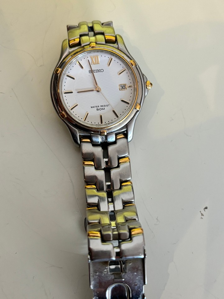 Mens SEIKO Quartz 50M 7N32-0049 Date Silver Gold Tone Wristwatch SWISS ...