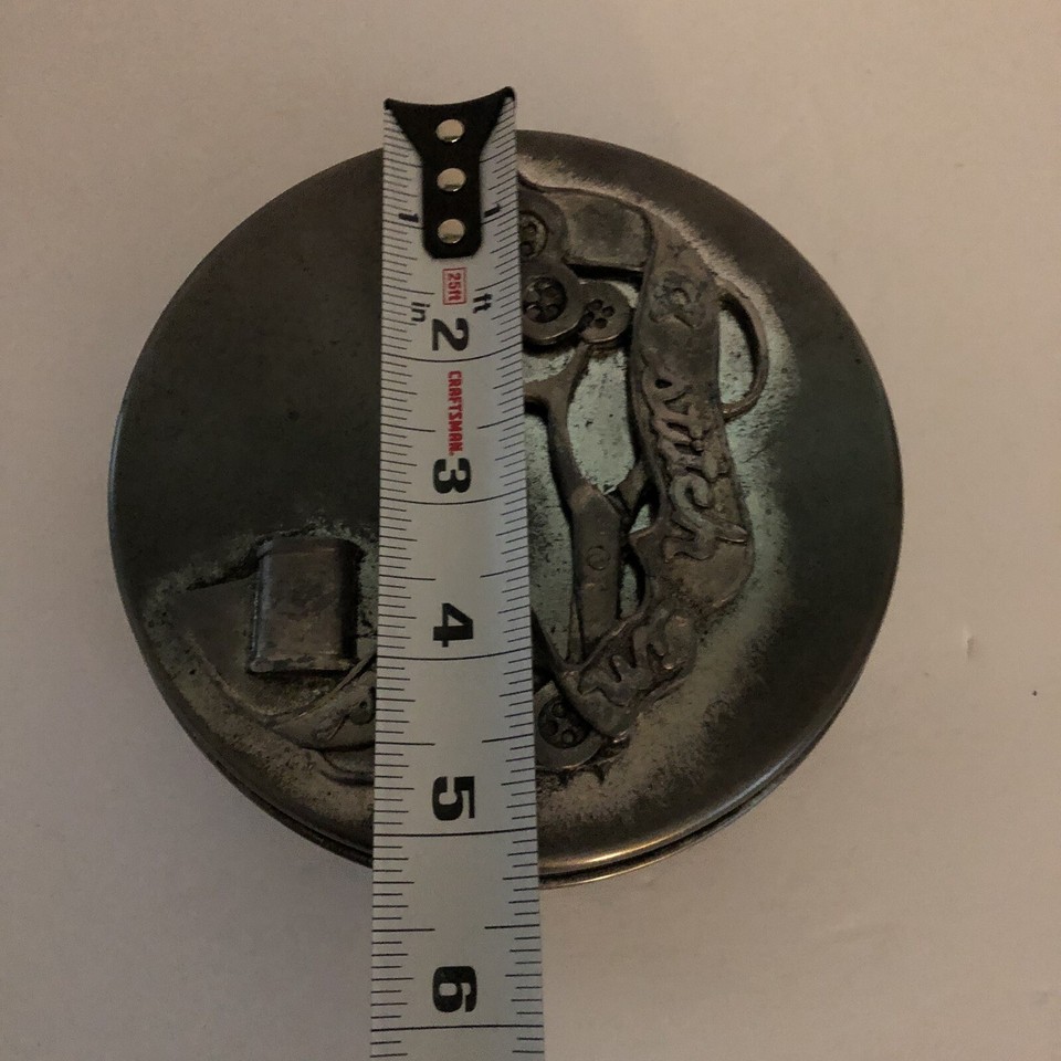 Pewter A Stitch In Time Lid Scissors Buttons Thread Metal Sewing Tin | eBay