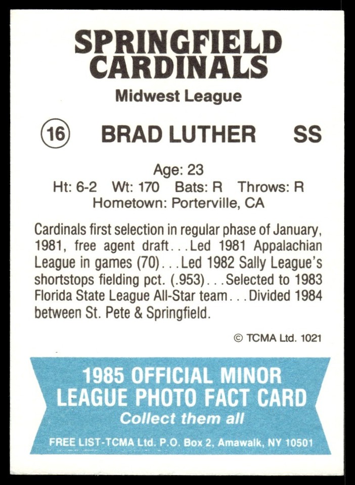 1985 TCMA Springfield Cardinals Brad Luther Springfield Cardinals #16 ...