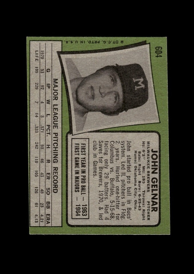 1971 Topps Set-Break #604 John Gelnar VG-VGEX *GMCARDS* | eBay