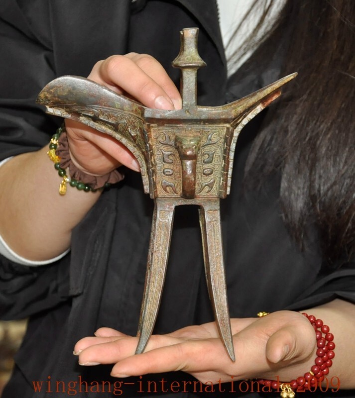 8.4"Han Dynasty Bronze ware quadrate Wine vessel Wineware jue wineglass ...