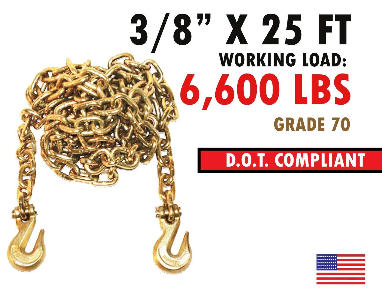 3/8" x 25FT Grade 70 Binder Chain w/ Clevis Grab Hooks Both Ends Yellow ...