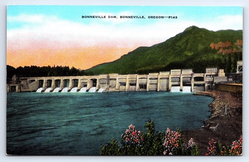 Linen Postcard Bonneville Dam Last Dam on Columbia River Oregon c1940 ...