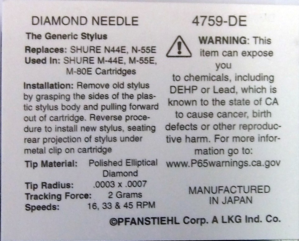 STEREO NEEDLE/STYLUS for Shure M55E N44E N55E M44-7 M44 4759-DE 759-DE ...