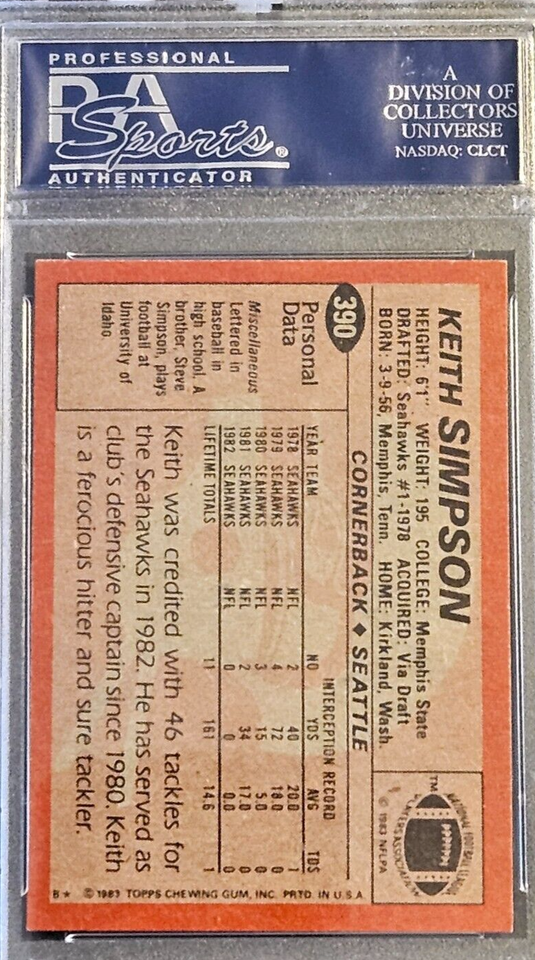 1983 Topps #390 Keith Simpson, PSA 10 / GEM MINT, POP 7, Seattle ...