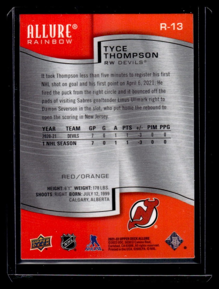 2021 UD Allure Rainbow Red/Orange Tyce Thompson #R-13 New Jersey Devils ...