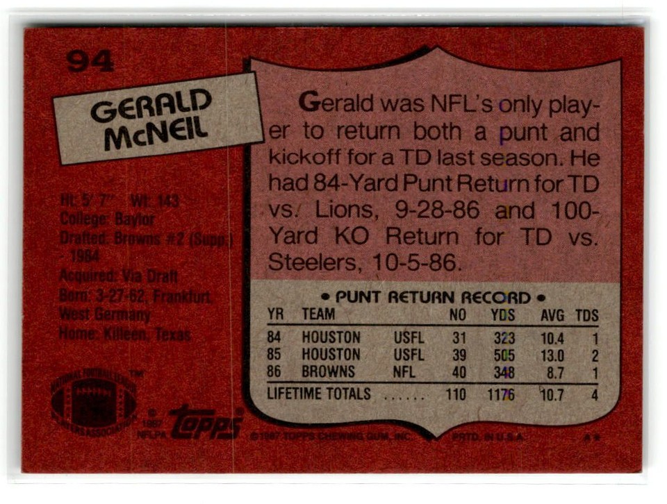 1987 Topps Football #94 Gerald McNeil Rookie Cleveland Browns | eBay