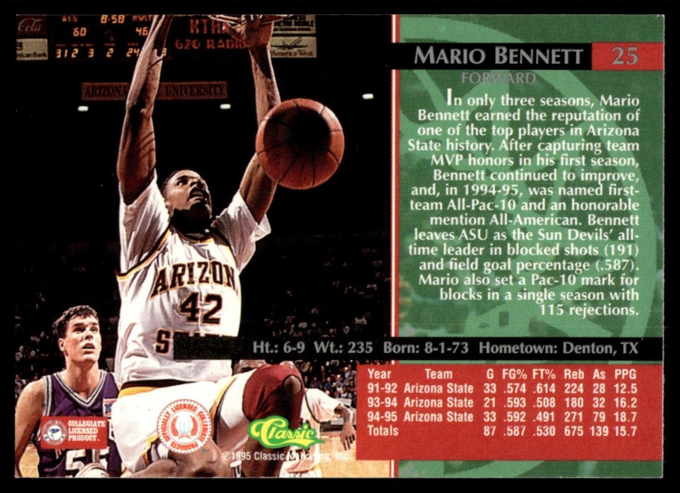 1995-96 Classic #25 Mario Bennett Arizona State Sun Devils | eBay