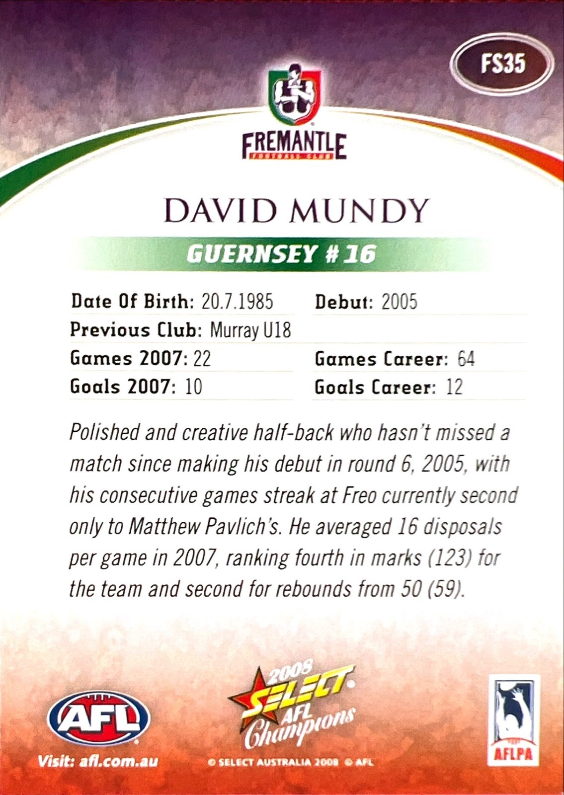 2008 AFL SELECT CHAMPIONS DAVID MUNDY FREMANTLE DOCKERS BLUE FOIL ...