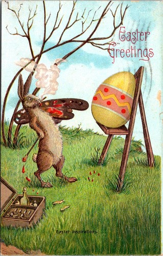 Easter Postcard Anthropomorphic Bunny Painting Egg Smoking Cigar ...