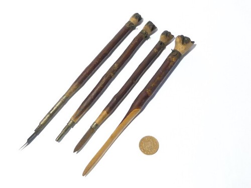4 Antique Carved BULLDOG Heads Wood Dip Ink Pen Pencil Page Turner ...