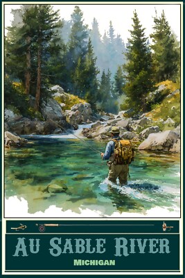 Au Sable River Michigan Fly Fishing Travel Poster For Trout Bass 16x24 ...