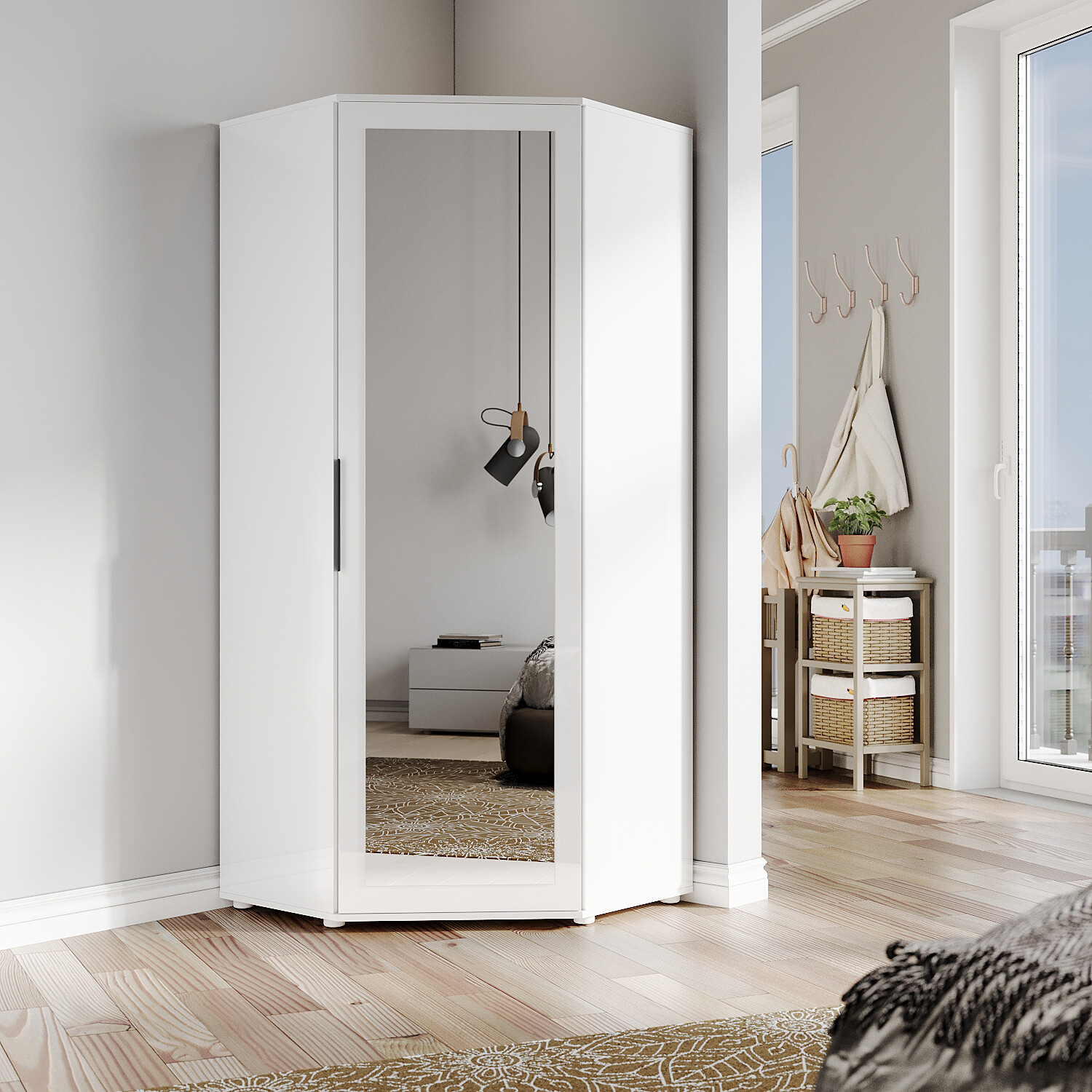 Corner Mirrored Wardrobe Modern White High Gloss Door with Hanging Rail ...