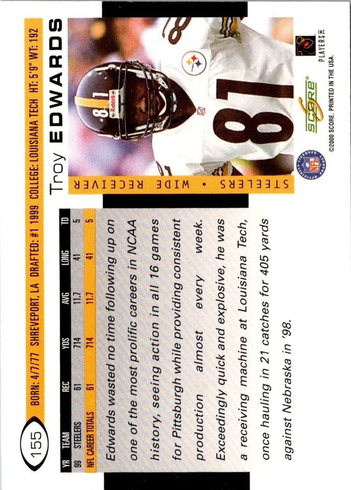 2000 Score Troy Edwards #155 Pittsburgh Steelers Football Card | eBay