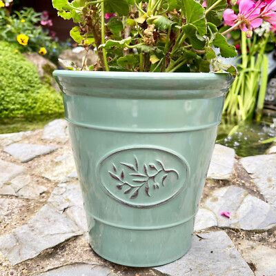 Glossy Green Round Planter Ceramic Effect Plastic Sage Classic Garden ...