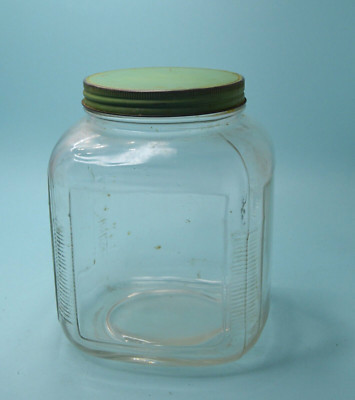 VINTAGE FARMHOUSE HOOSIER CABINET RIBBED GLASS CANISTER JAR GREEN LID ...