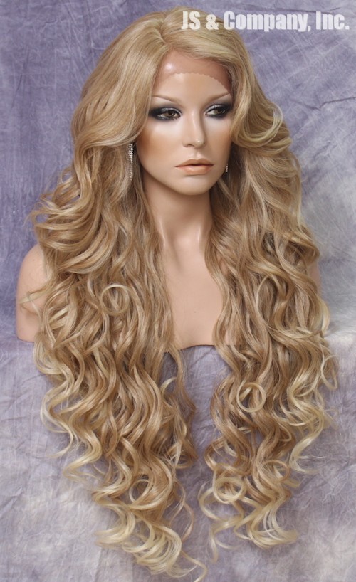 38" Long Human Hair Blend Full Lace Front Wig Heat OK Curly Blonde mix ...