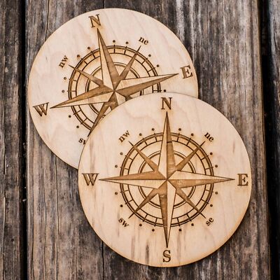 Compass Rose Coaster Set of two 4x4in Raw Wood | eBay