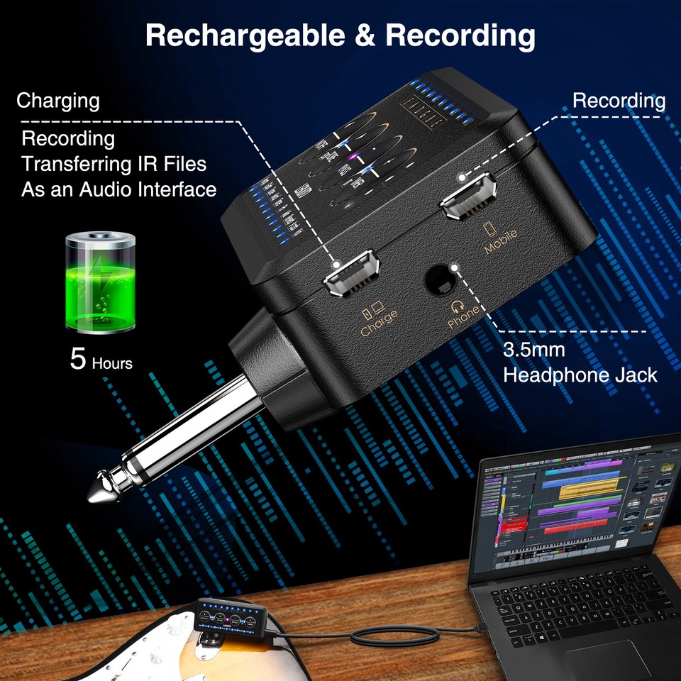 LEKATO Micro Guitar Headphone Amp Rechargeable Multi Effects Mini ...