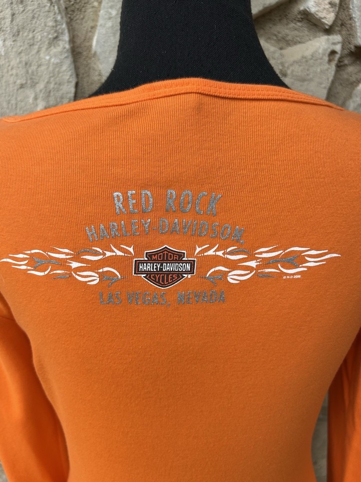 Harley Davidson Womens Long Sleeve T-Shirt S/M Orange Red Rock Las ...