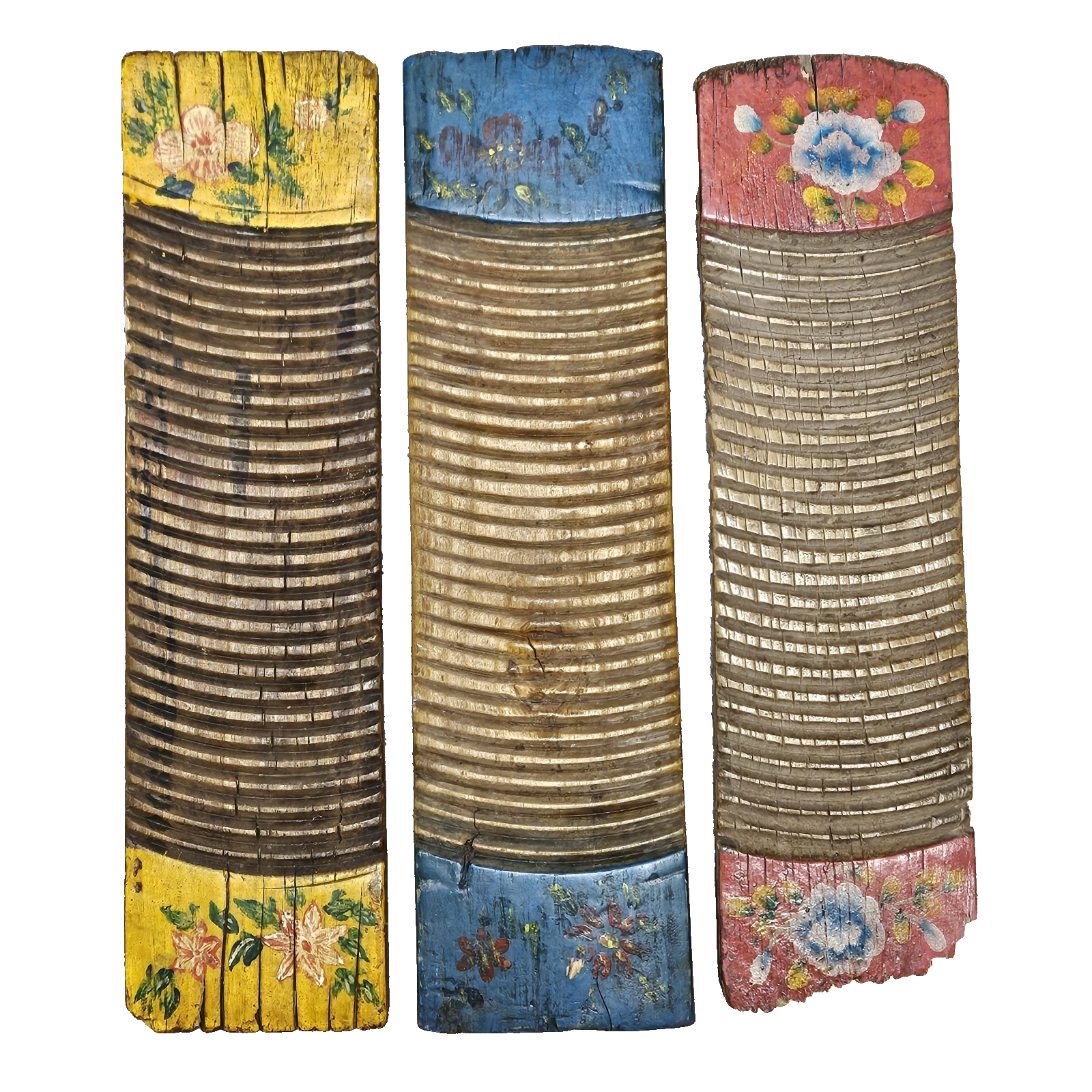 Set Of 3 Vintage Primitive Hand Decorated Chinese Wooden Wash or Scrub ...