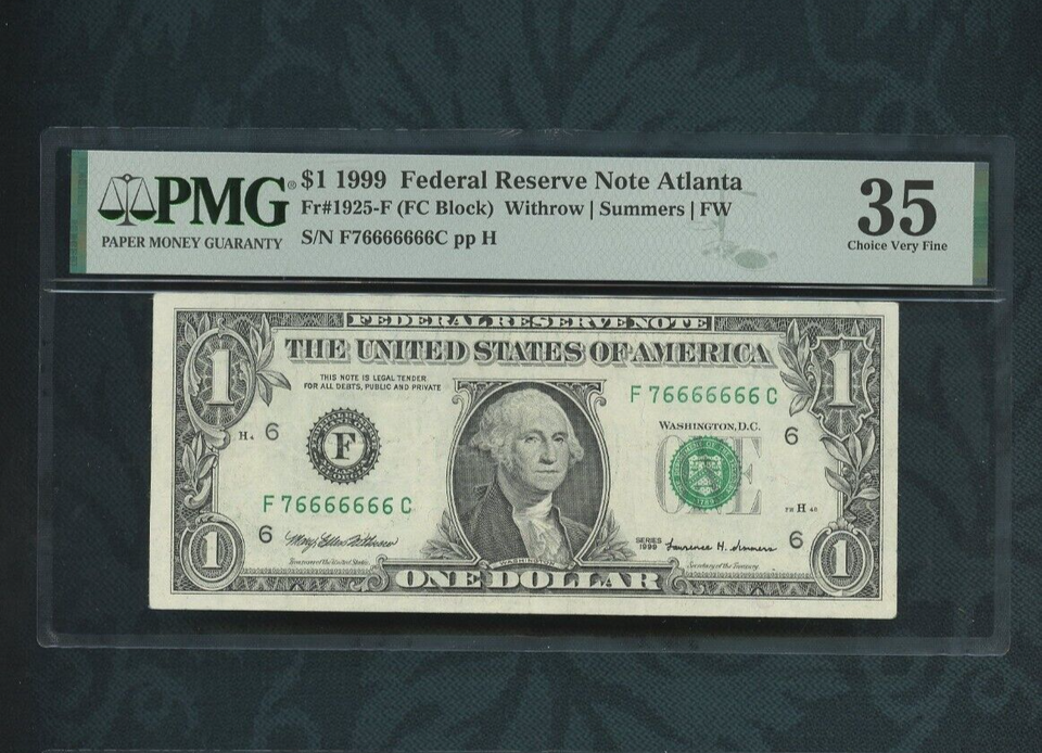 1999 FRN Atlanta Fancy Serial Fr# 1925-F $1 dollar PMG 35 (76666666) | eBay