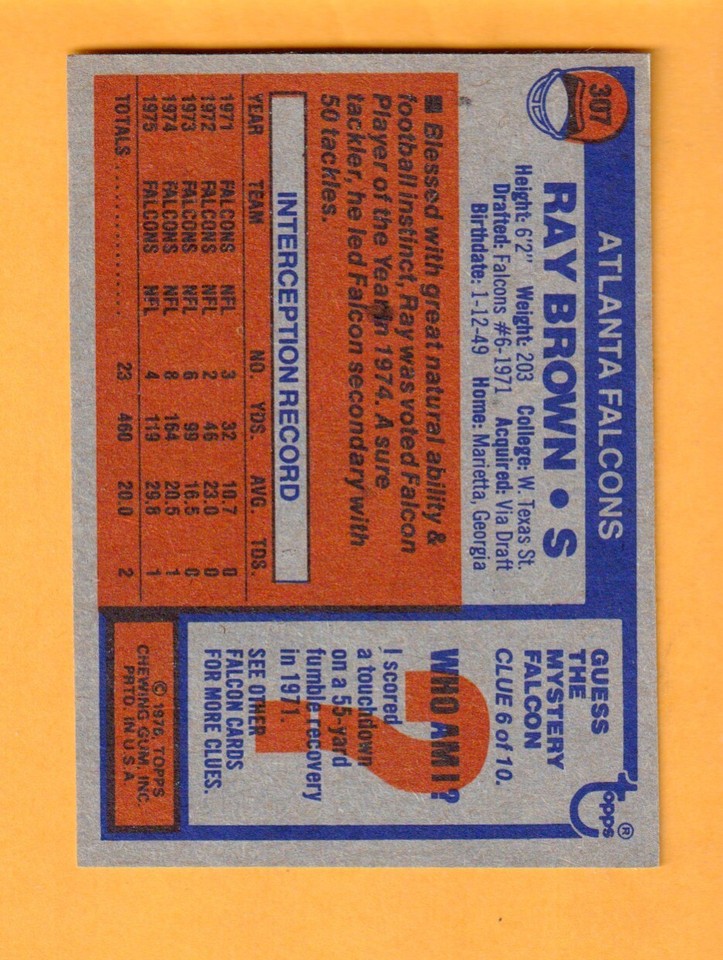 Ray Brown Atlanta Falcons 1976 Topps #307 West Texas State Fort Worth ...