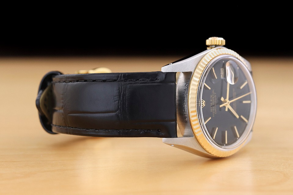 ROLEX DATEJUST 16013 18K YELLOW GOLD STAINLESS STEEL BLACK LEATHER ...
