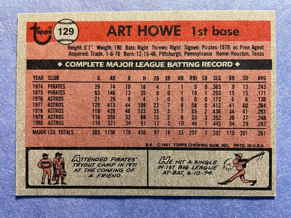 SIGNED ART HOWE 1981 AUTOGRAPHED TOPPS BASEBALL CARD - ASTROS | eBay