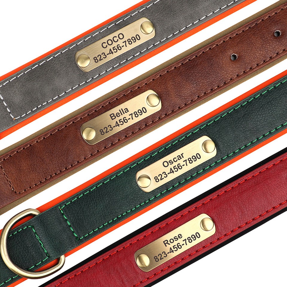 Soft PU Leather Dog Collar Brass Buckle Custom Name Plate for Small ...