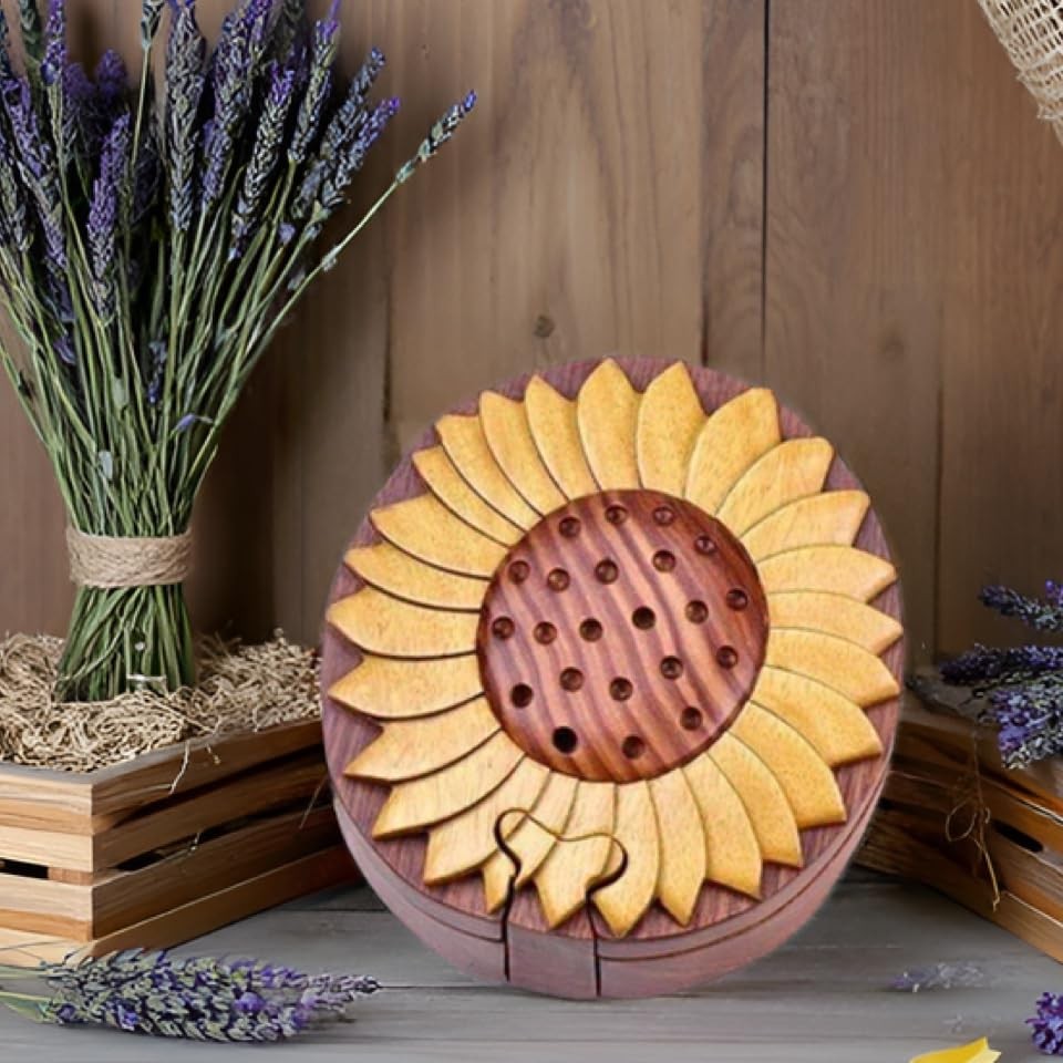 Sunflower - Natural Intarsia Wood Puzzle Box - Handcrafted with Secret ...