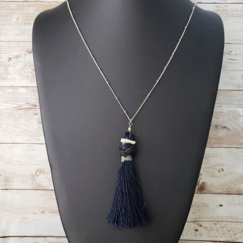 Vintage Necklace - Extra Long Silver Chain with Blue Tassel Pendant ...