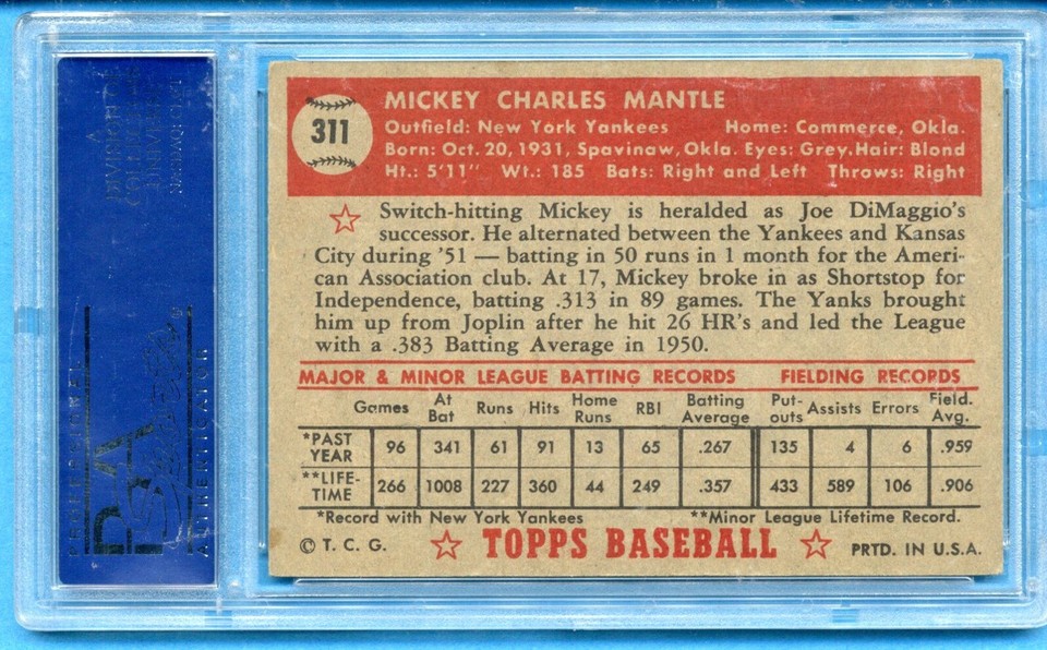 1952 Topps Mickey Mantle #311 PSA 5 EX | eBay