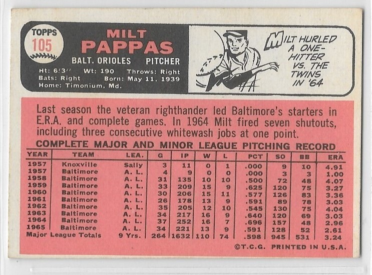 1966 Topps #105 MILT PAPPAS Baltimore Orioles EX-EXMINT *free shipping ...