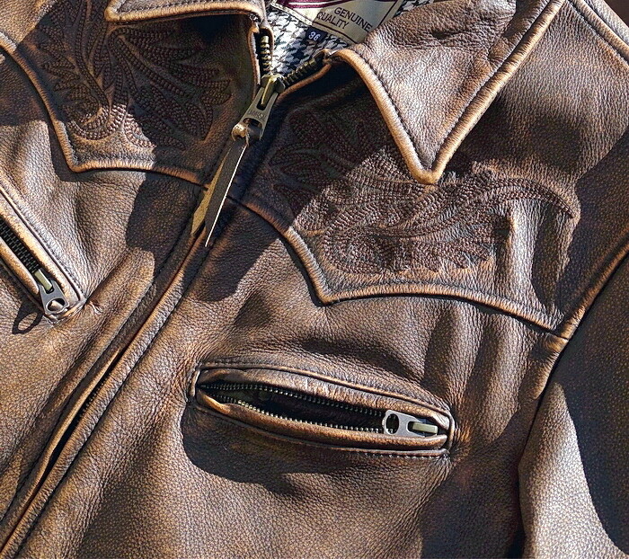 Mens Vintage Style Tea-core Cowhide Leather Jacket Embroidery Washed ...