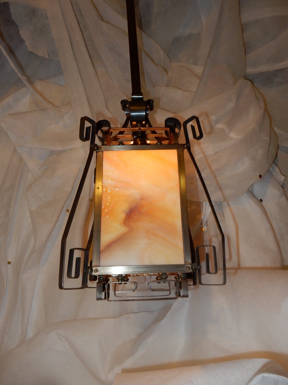 Mission Arts & Crafts Brass Pendant Greek Key Light Fixture w Slag ...